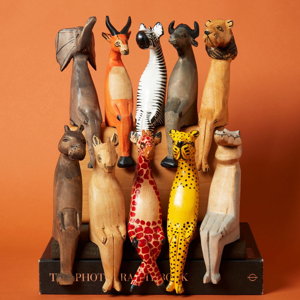 Painted Wood Safari Animals Sitting Sculptures Set of 10 – Artisan Variety